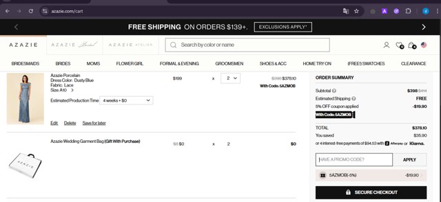 Azazie Coupon Codes (4 Verified) - 10% Off w/Code May 2025