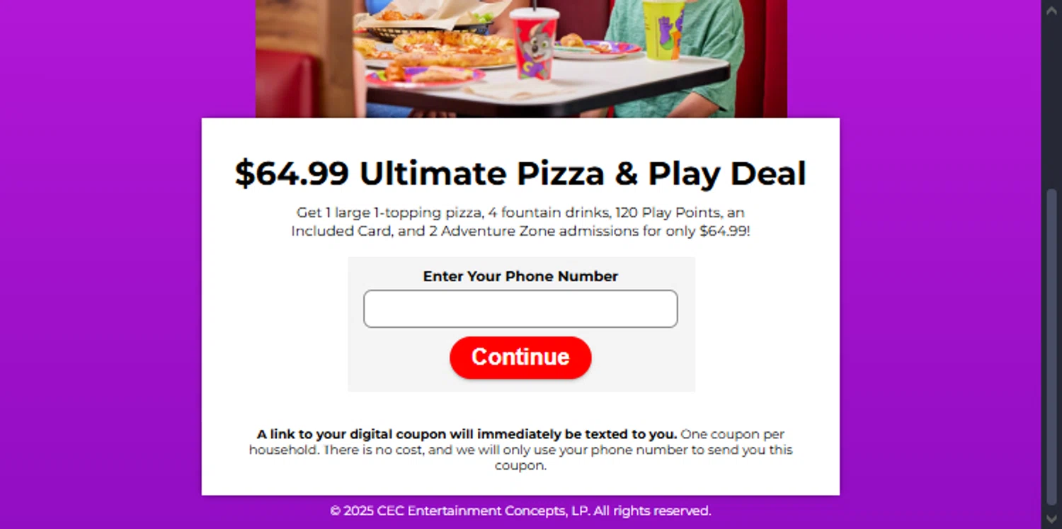 Chuck E. Cheese's Promo Code - $65 Off December 2025