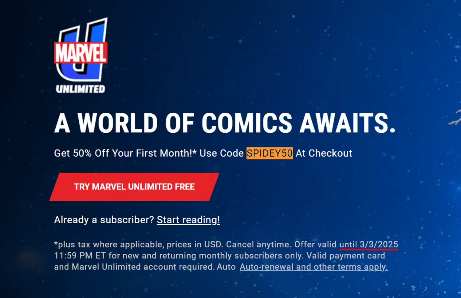 Marvel Unlimited Promo Codes (5 Verified) - 50% Off Mar 2025