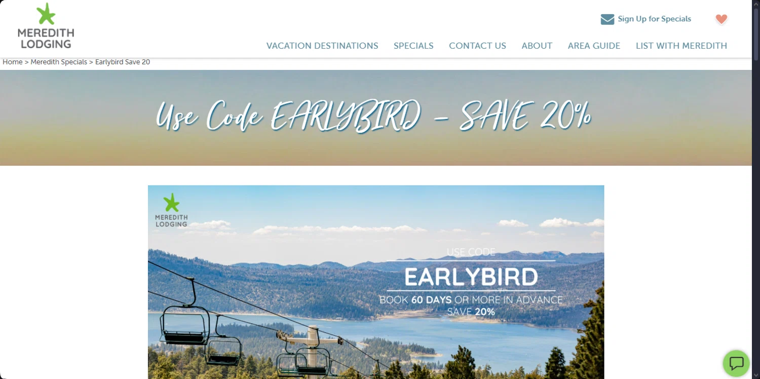 Meredith Lodging Promo Code - 20% Off (Verified) Apr 2026
