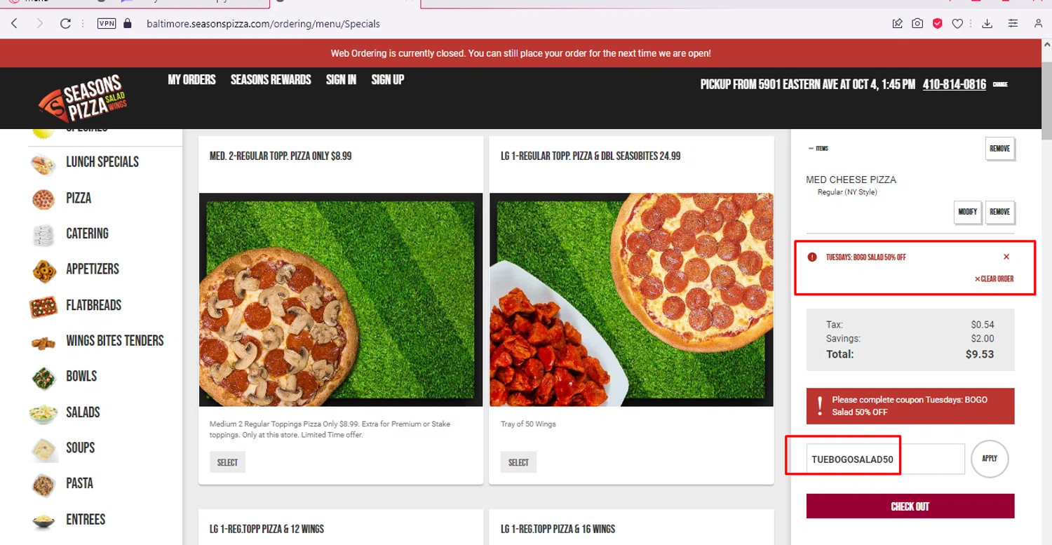 Seasons Pizza Coupon Codes - 50% Off | October 2024