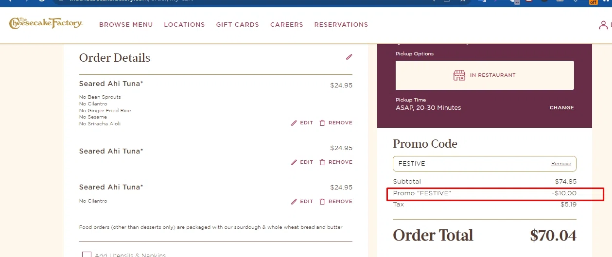 Cheesecake factory promo code store
