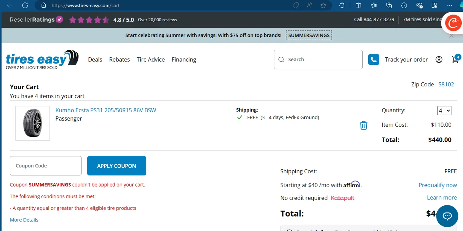 Tires Easy Coupons - $80 Off | September 2024