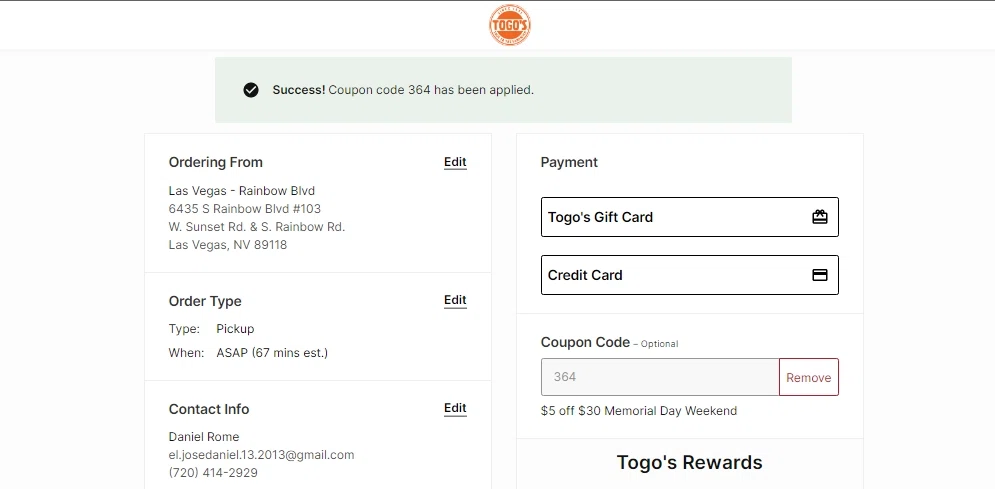 Togo's Coupons - $2 Off | September 2024