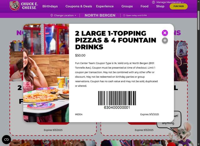 Chuck E. Cheese's Promo Codes - $50 Off Aug 2025