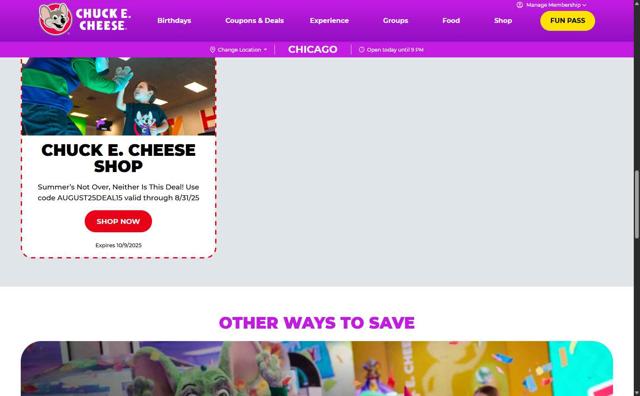 Chuck E. Cheese's Promo Codes - 15% Off Oct 2025