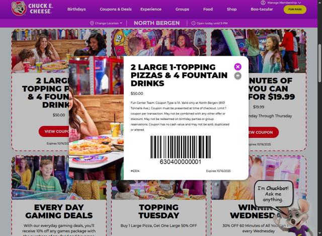 Chuck E. Cheese's Promo Codes - $50 Off Oct 2025