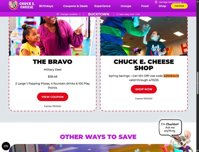 Chuck E. Cheese's Promo Codes - 15% Off Jul 2025