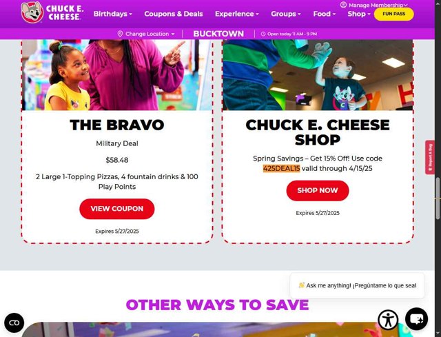 Chuck E. Cheese's Promo Code (1 Verified) - 15% Off May 2025