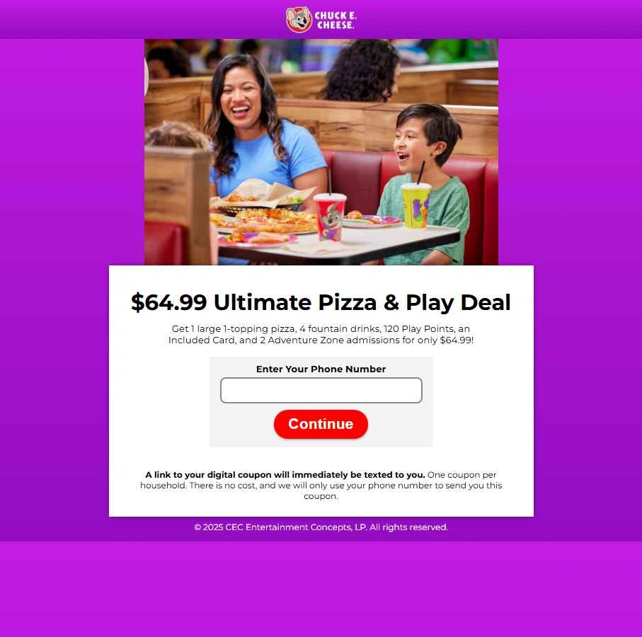 Chuck E. Cheese's Promo Code - $65 Off December 2025