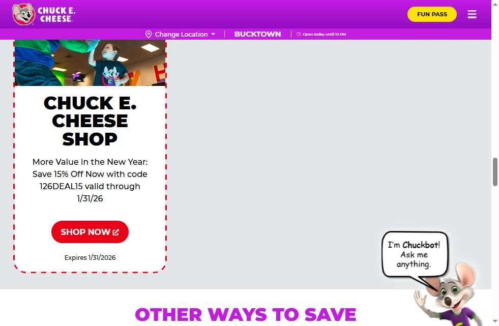 Chuck E. Cheese's Promo Code - 15% Off February 2026