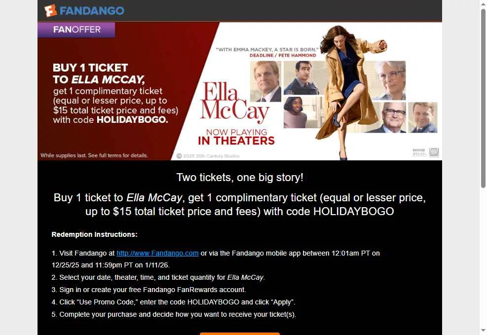 Fandango Promo Codes - 15% Off (4 Verified) Jan 2026