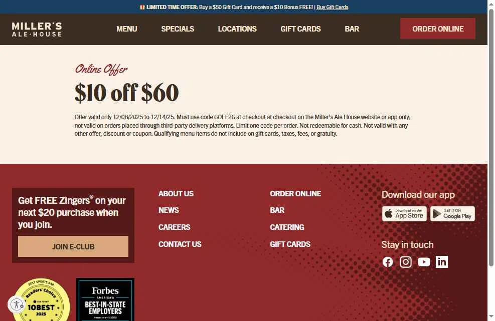 Miller's Ale House Promo Code - 25% Off Feb 2026