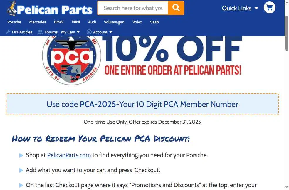 Pelican Parts Promo Codes (1 Verified) - 10% Off Oct 2025