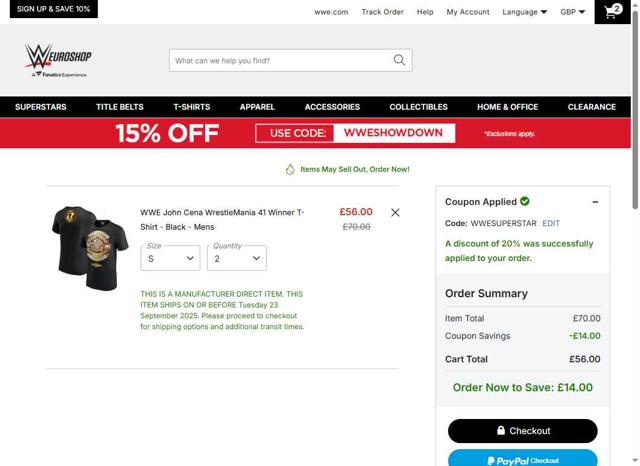 WWE Shop Promo Codes (13 Verified) - 10% Off w/Code Sep 2025